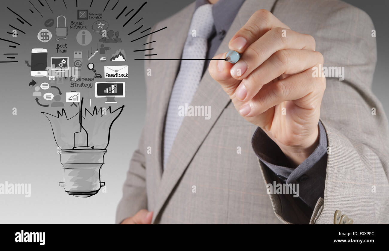 hand drawing creative business strategy with light bulb as concept ...