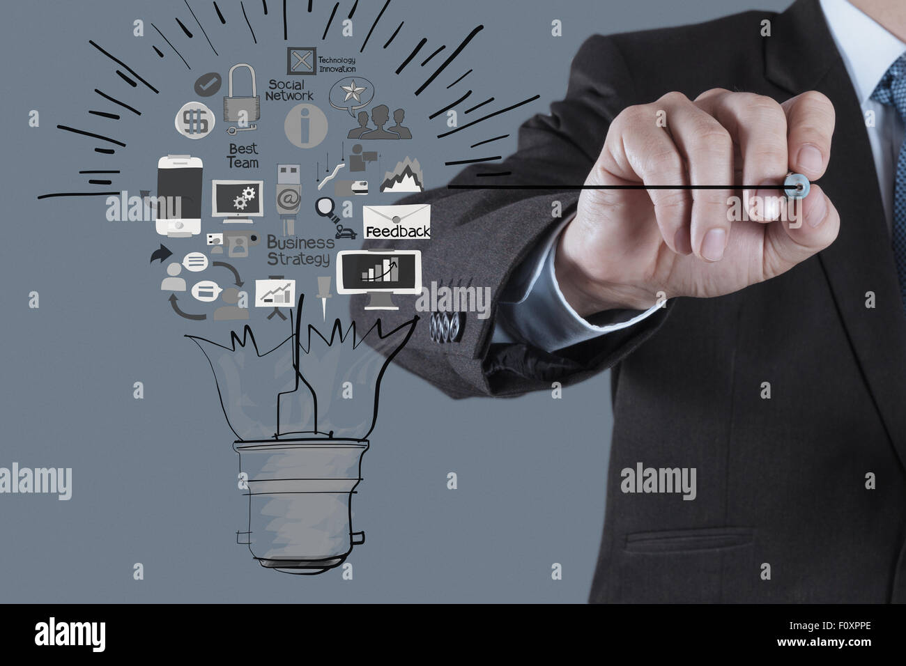 hand drawing creative business strategy with light bulb as concept ...