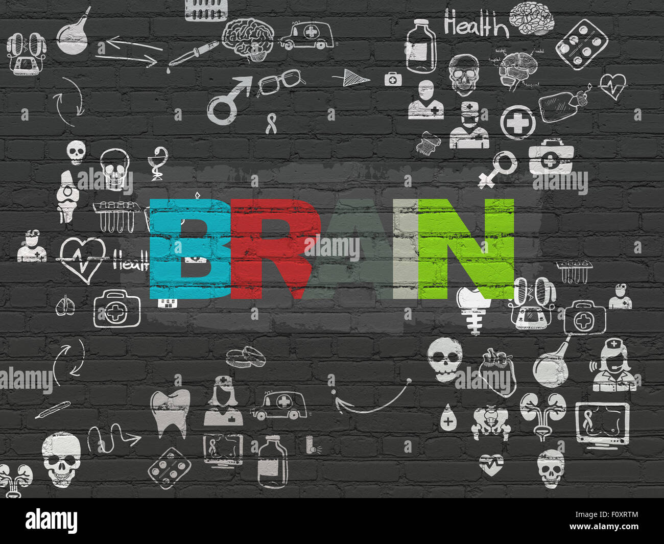Healthcare concept: Painted multicolor text Brain on Black Brick wall ...