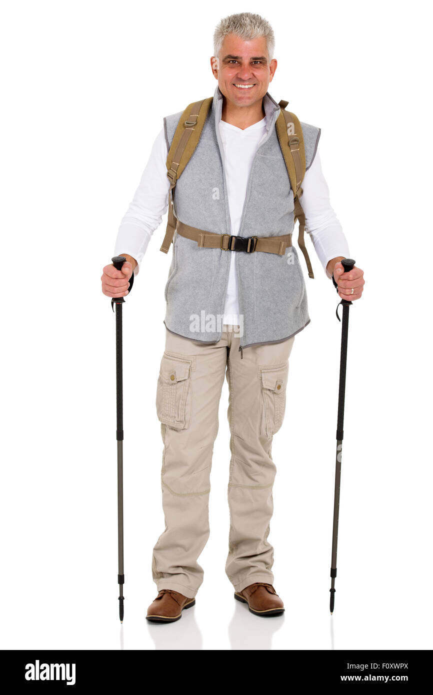 healthy middle aged man hiking isolated on white background Stock Photo ...