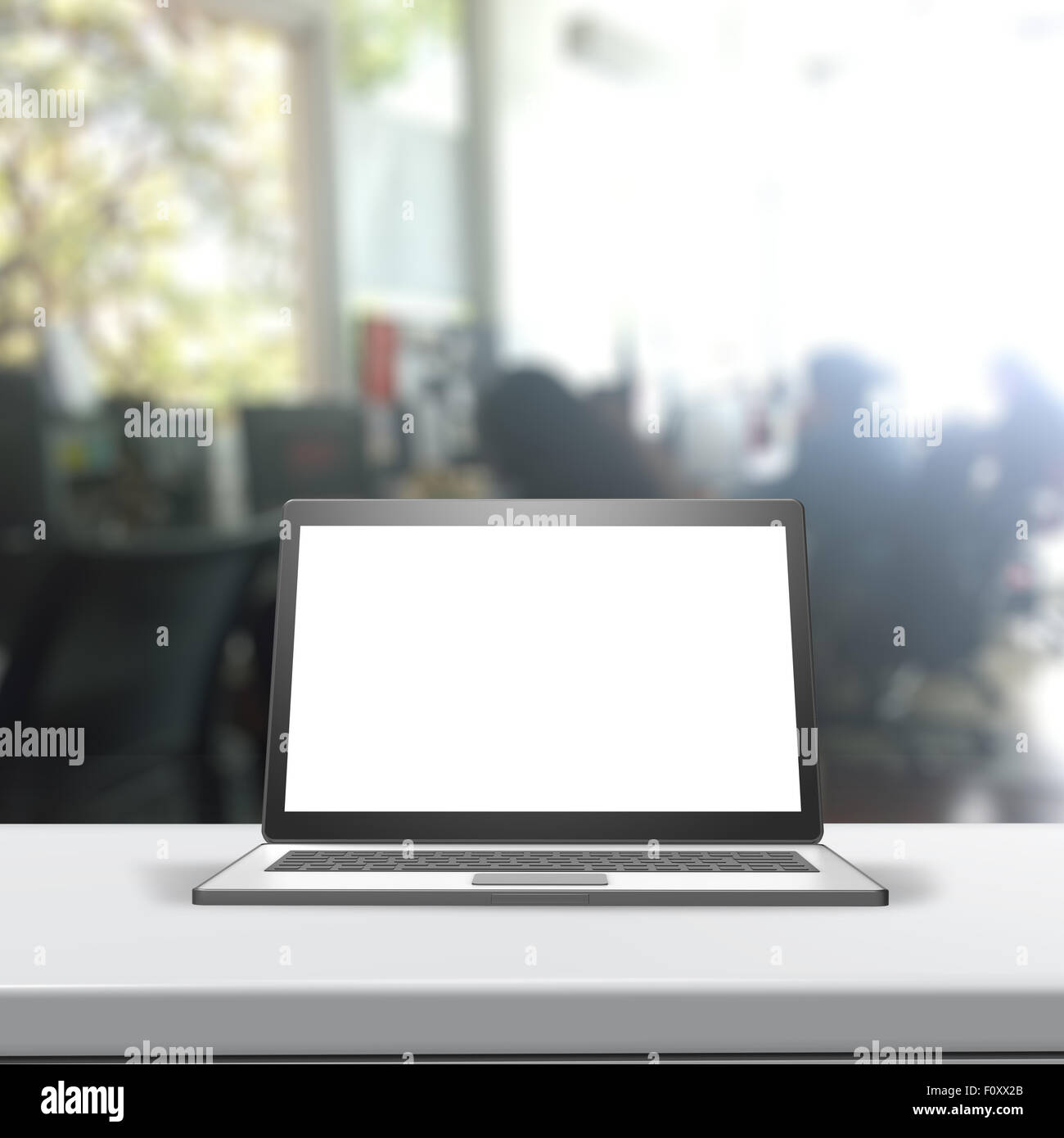 3d Laptop computer with blank screen on laminate table and blurred ...
