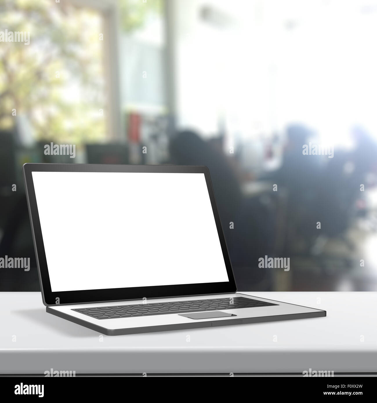 3d Laptop computer with blank screen on laminate table and blurred ...