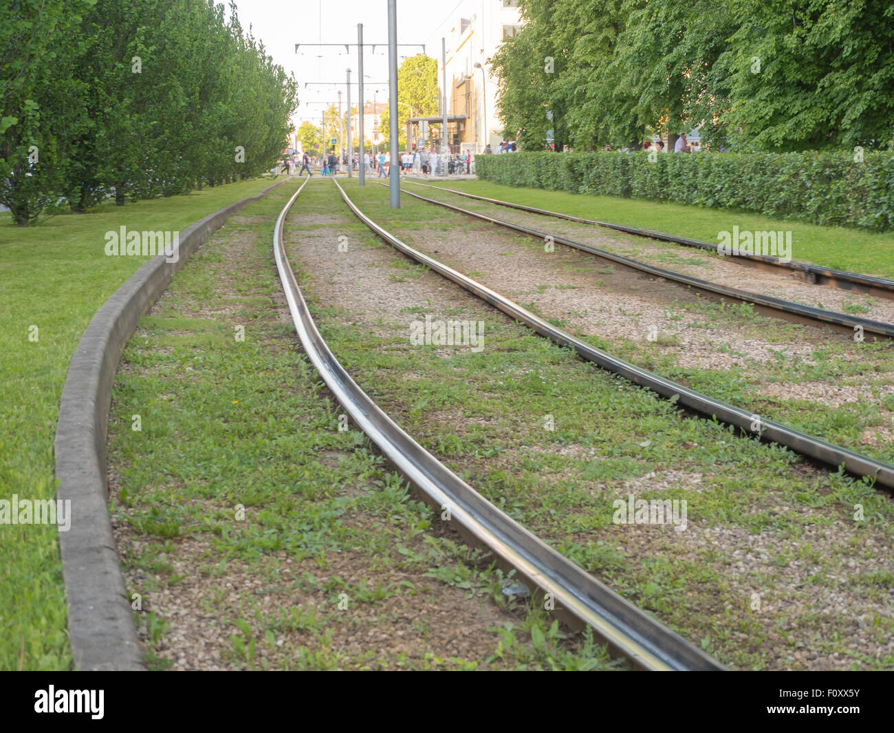 Bending tram rails. On the street a sunny summer day, green grass Stock ...