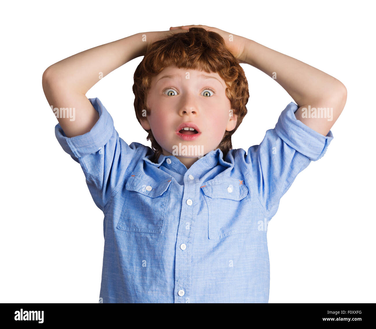 Handsome boy with surprised facial expression. Isolated on white ...