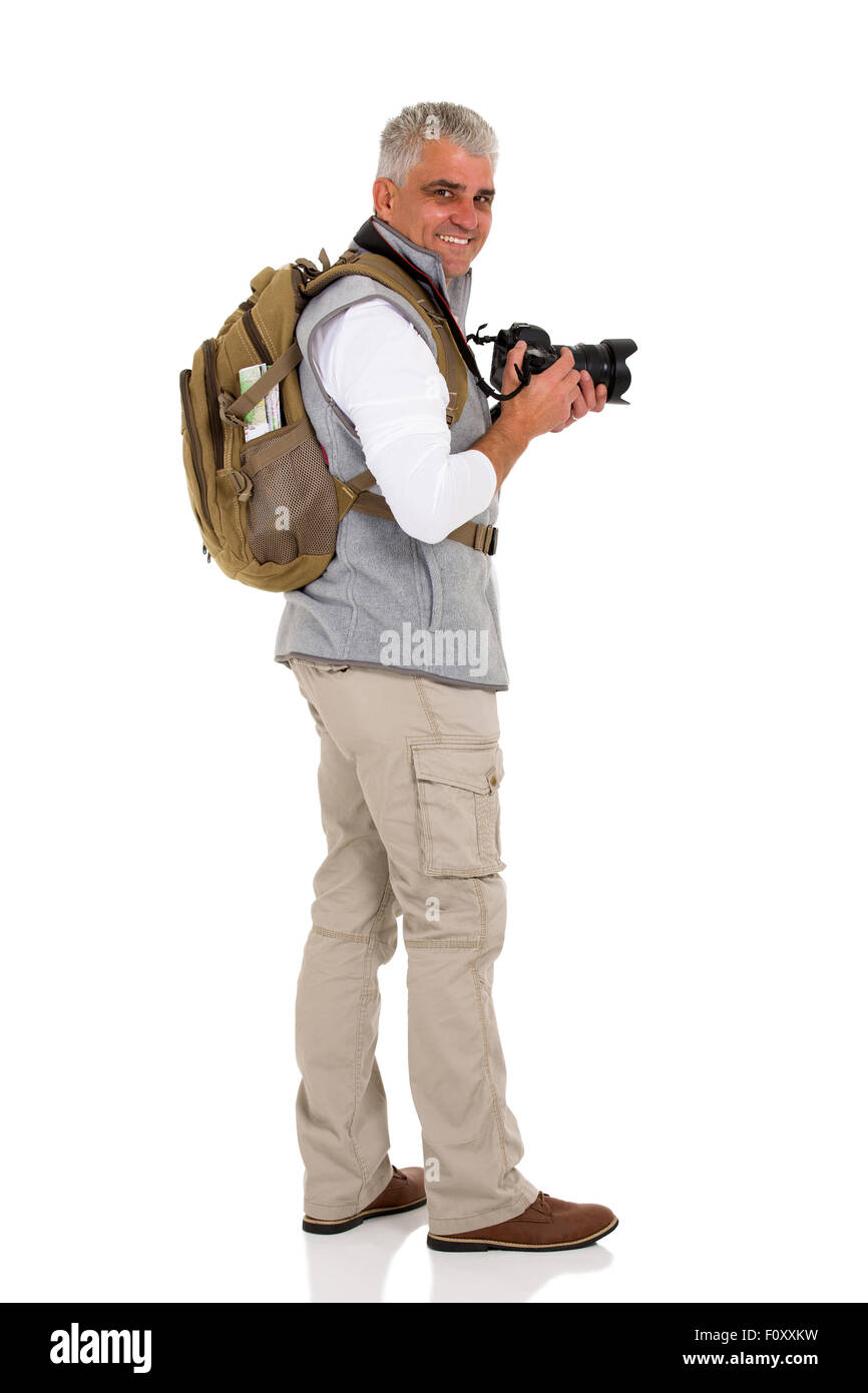 senior tourist looking back on white background Stock Photo - Alamy