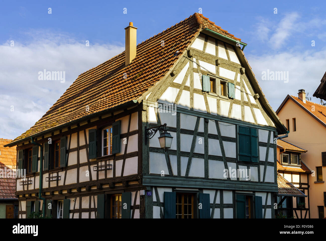 Street view of old tradicional alsacien village, Dambach la Ville Stock ...
