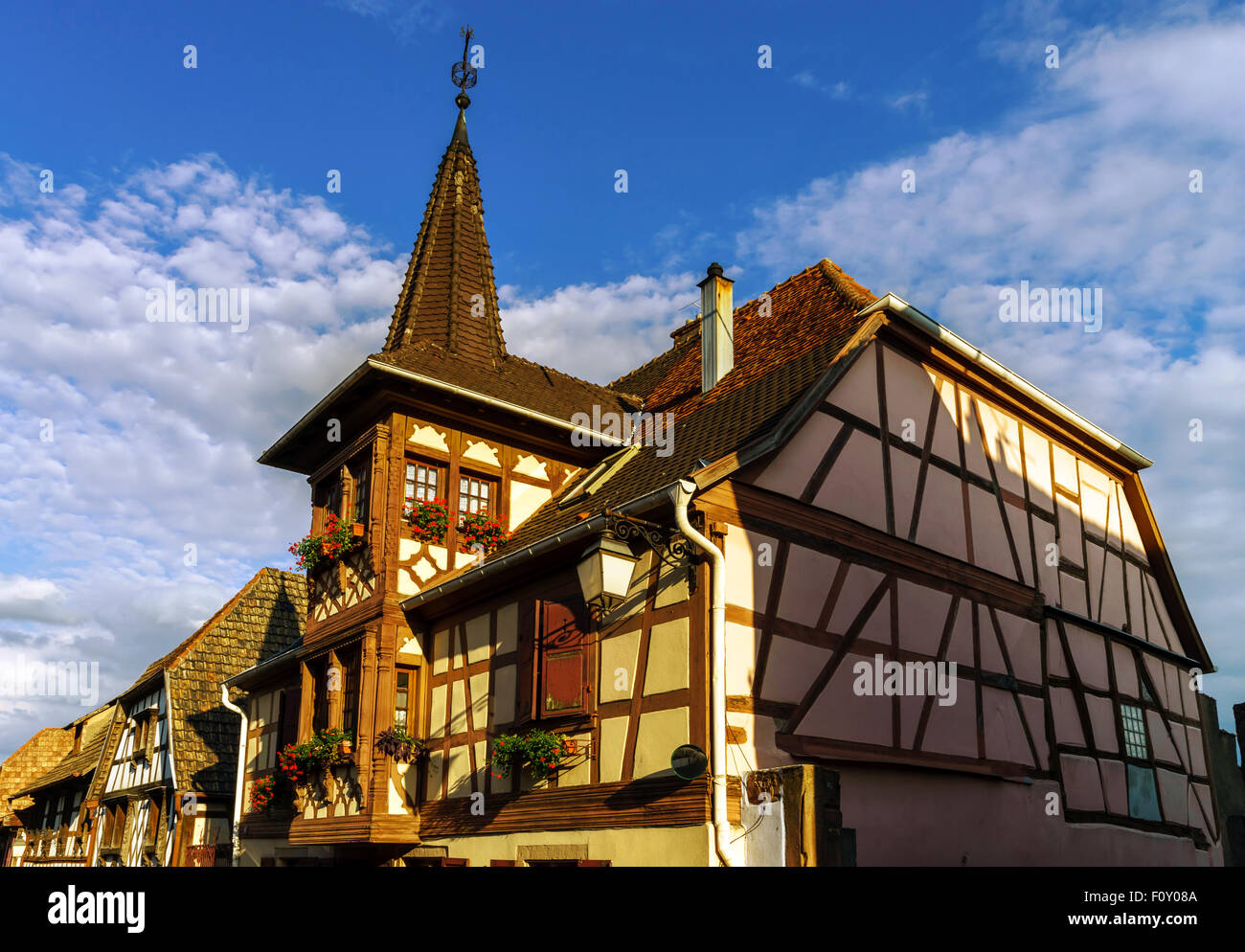 Street view of old tradicional alsacien village, Dambach la Ville Stock ...