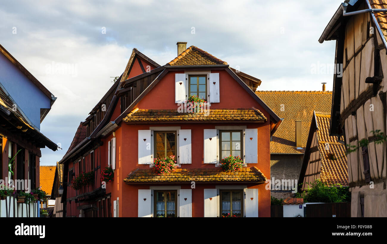 Street view of old tradicional alsacien village, Dambach la Ville Stock ...