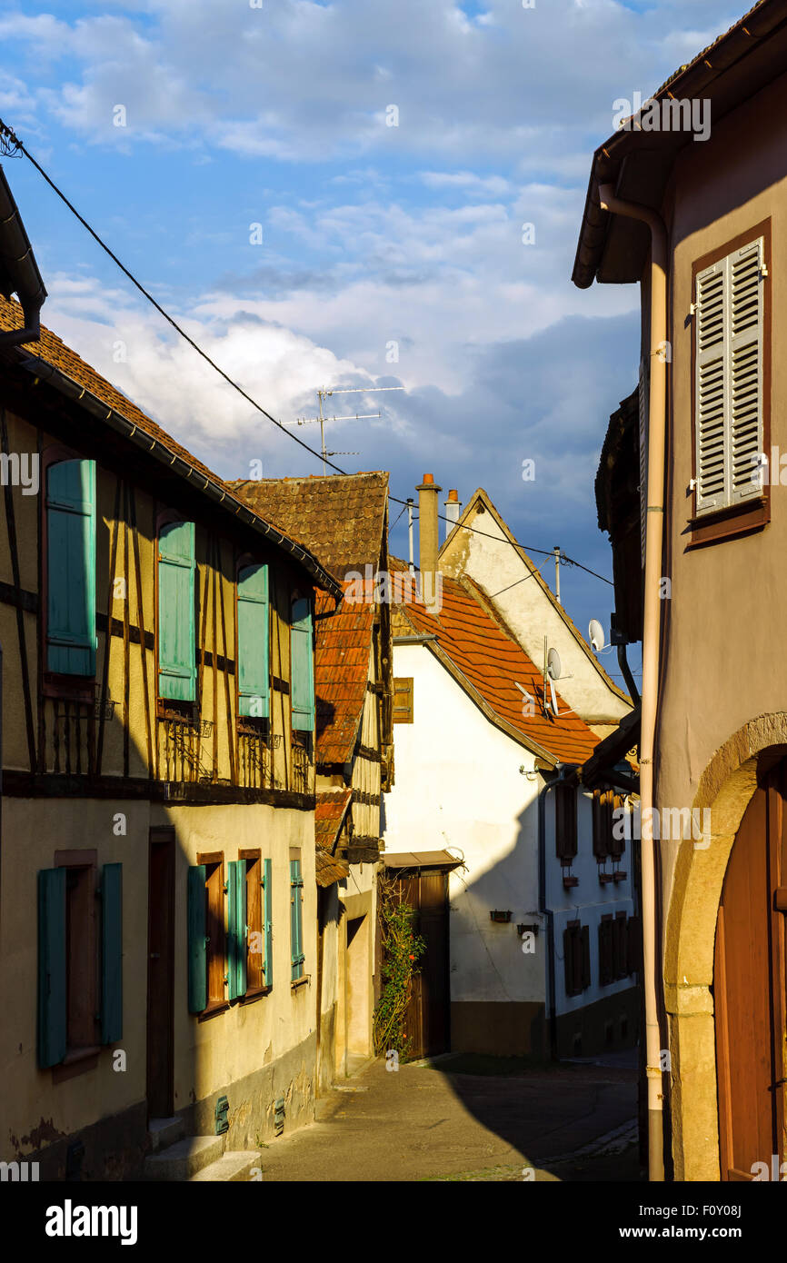 Street view of old tradicional alsacien village, Dambach la Ville Stock ...