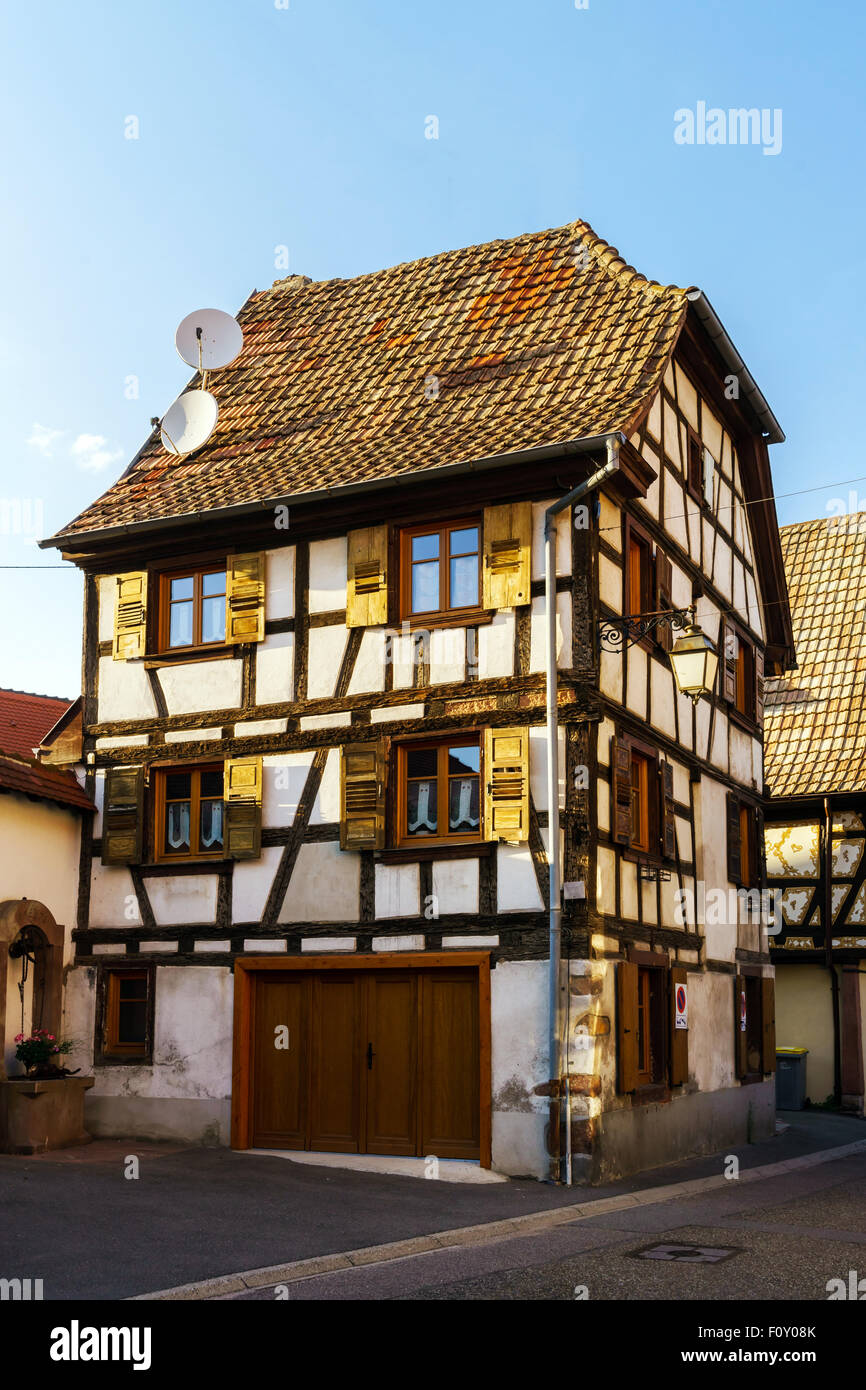 Street view of old tradicional alsacien village, Dambach la Ville Stock ...