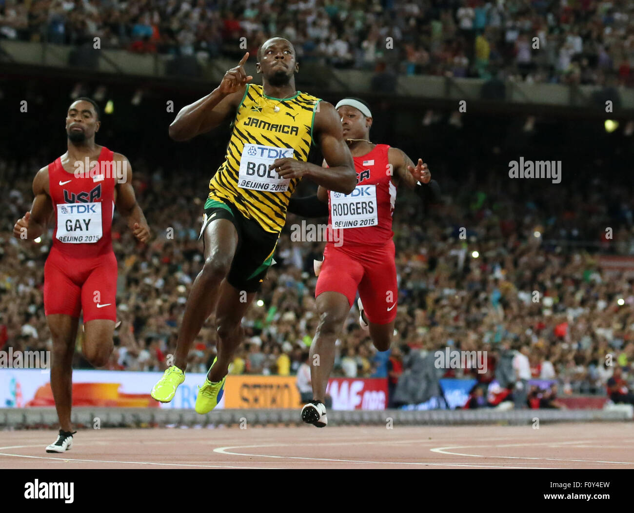 Beijing, China. 23rd Aug, 2015. Tyson Gay of USA (L-R), Usain Bolt of ...