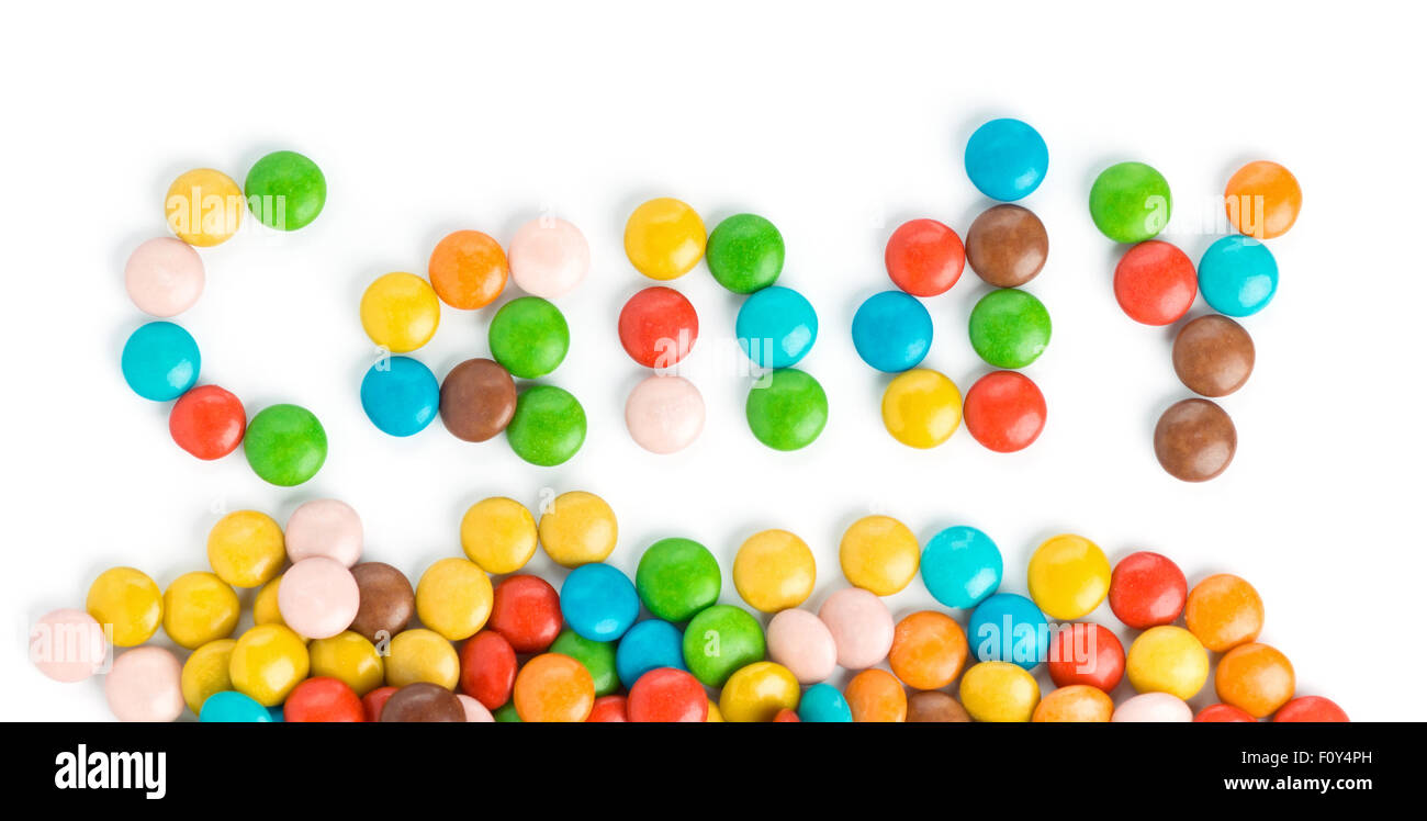 Candy word made of colorful candies on white background Stock Photo - Alamy
