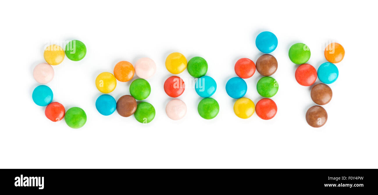 Candy word made of colorful candies on white background Stock Photo - Alamy