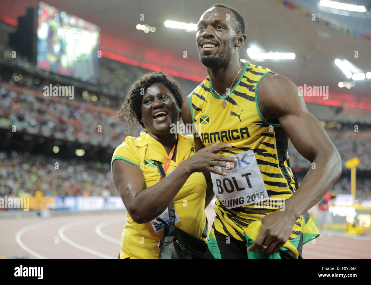 Beijing, China. 23rd Aug, 2015. Usain Bolt of Jamaica celebrates with ...