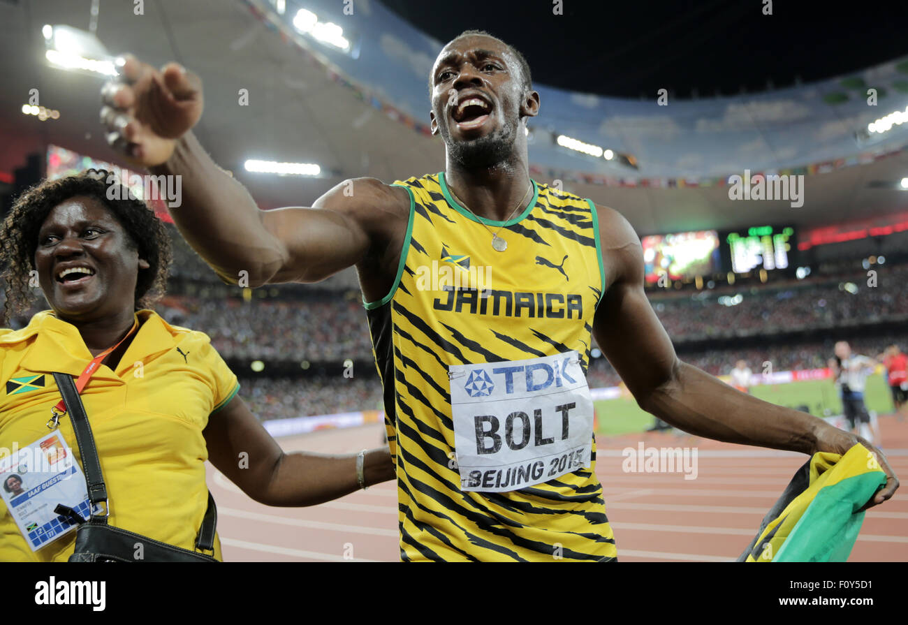 Beijing, China. 23rd Aug, 2015. Usain Bolt of Jamaica celebrates with ...