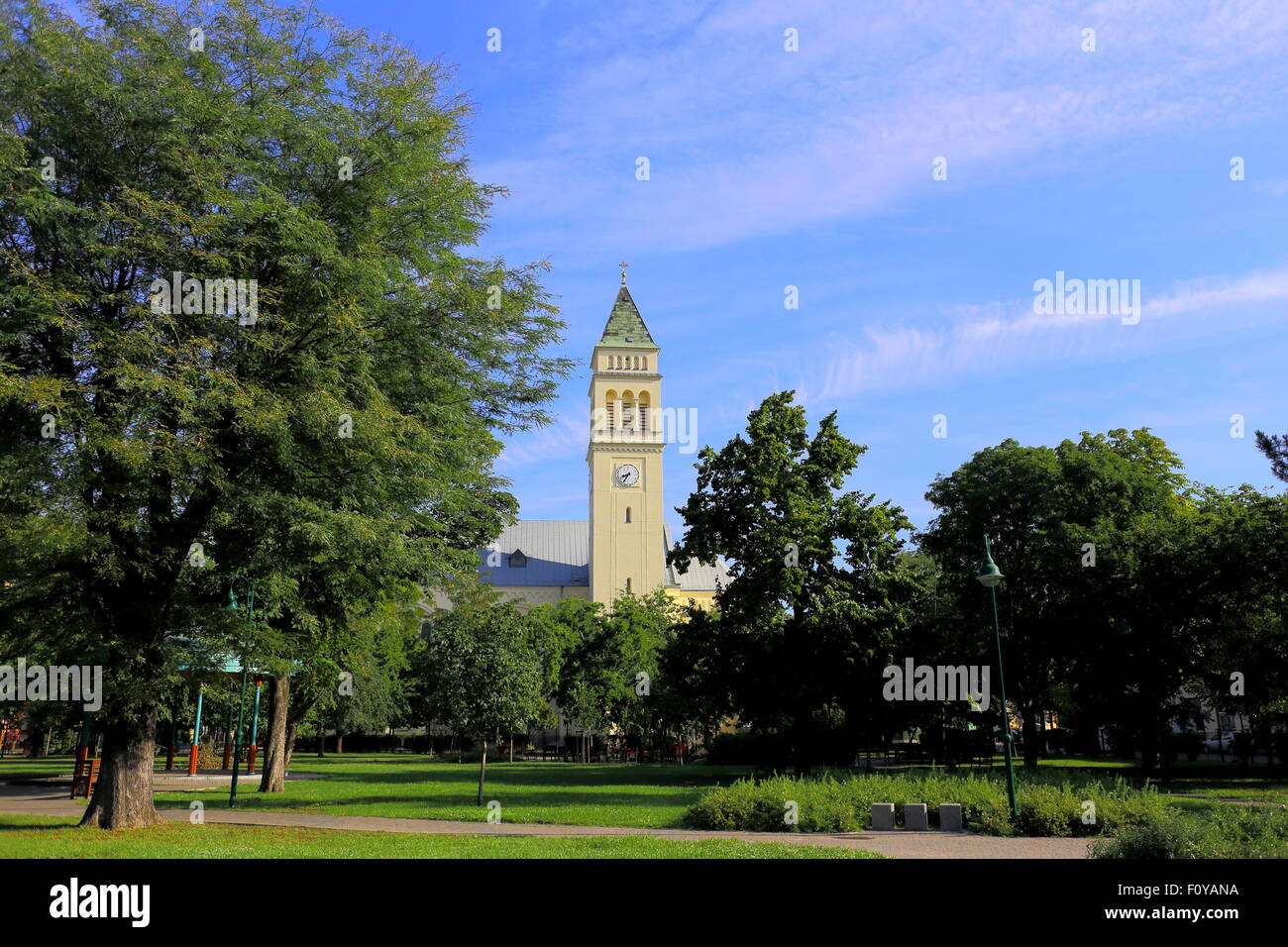 St Joseph's Catholic church, from the park in Kos Karoly Square in the ...