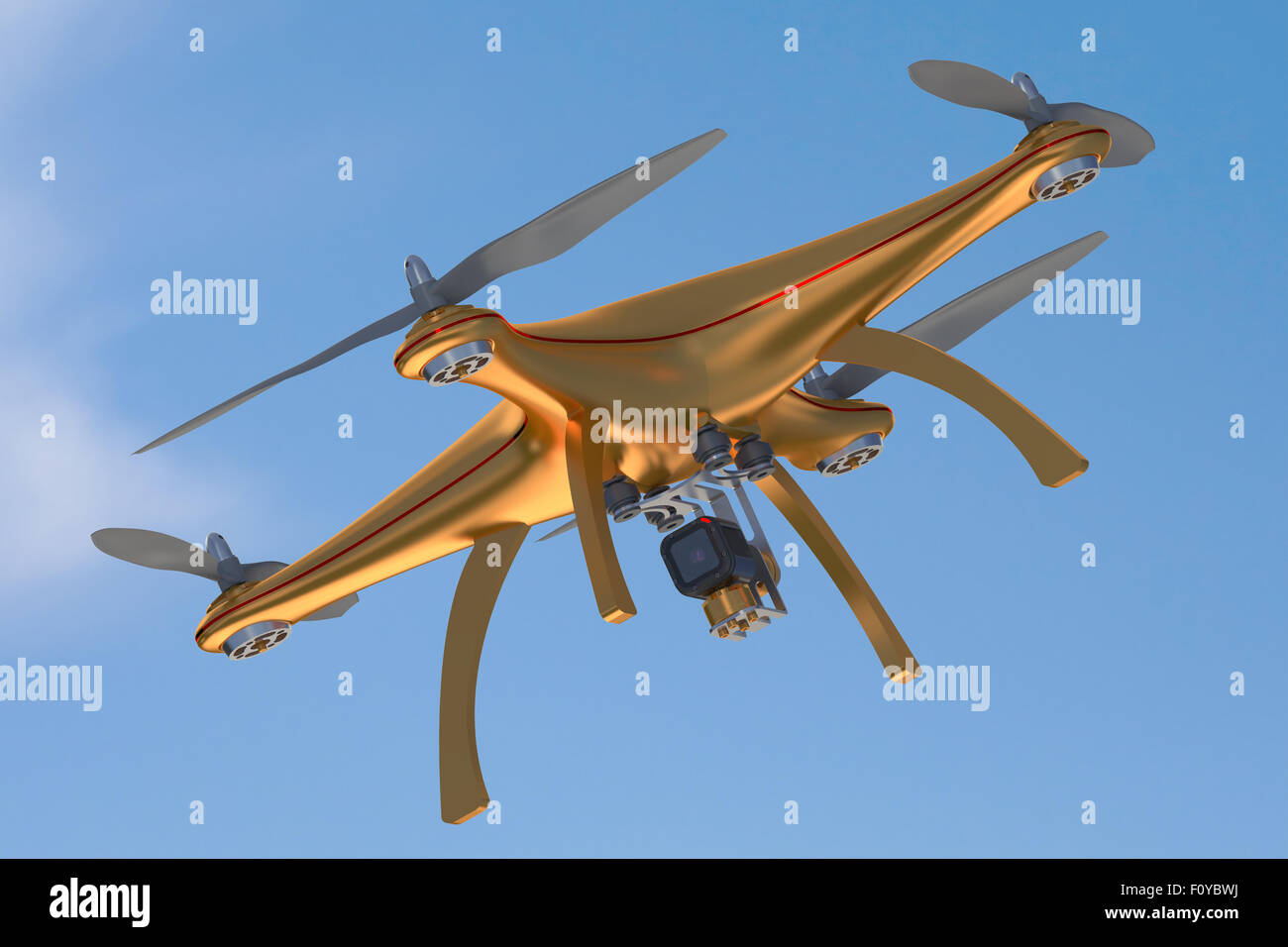 Gold drone flying in blue sky Stock Photo - Alamy