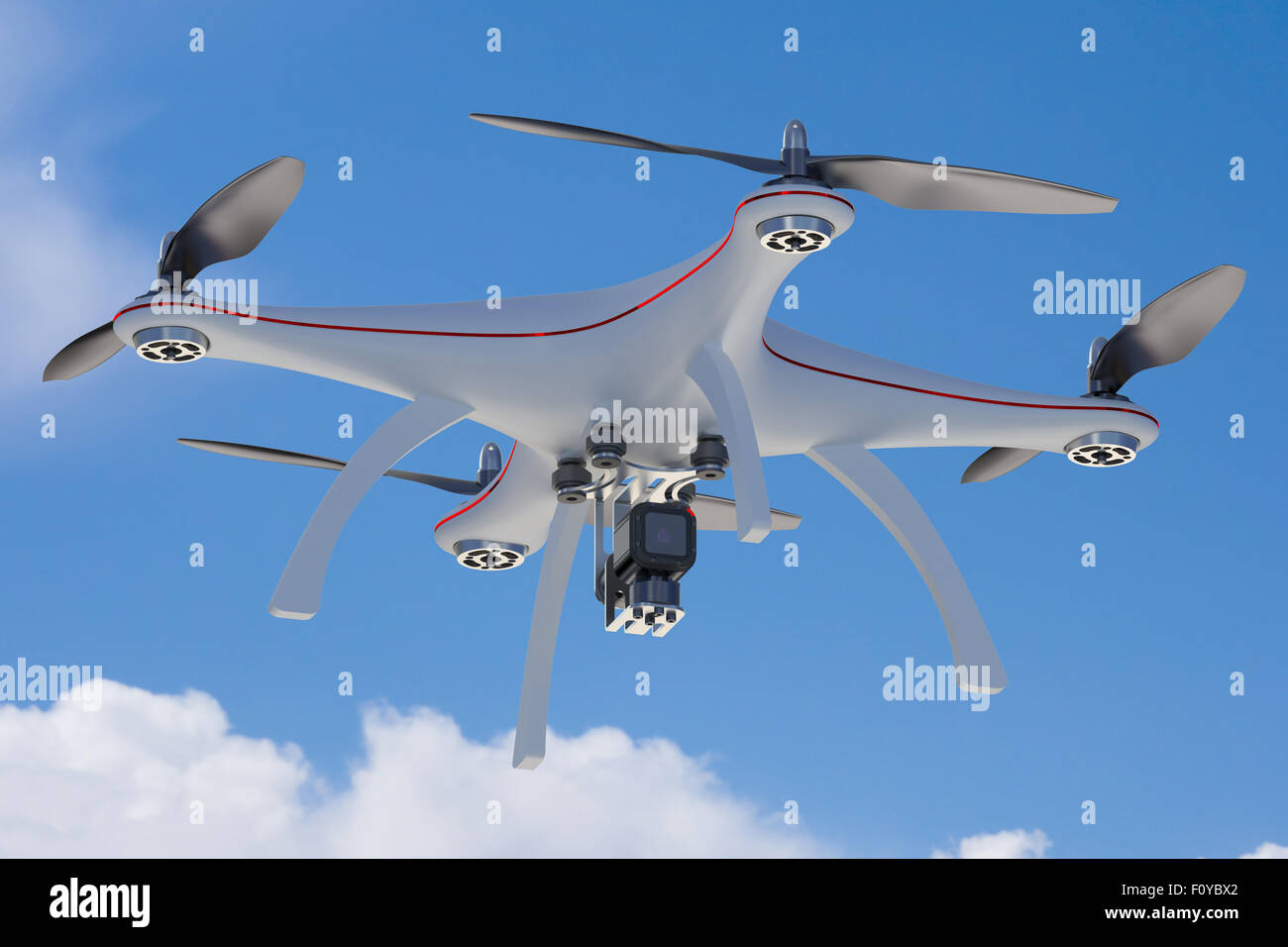 White drone flying in blue sky Stock Photo - Alamy