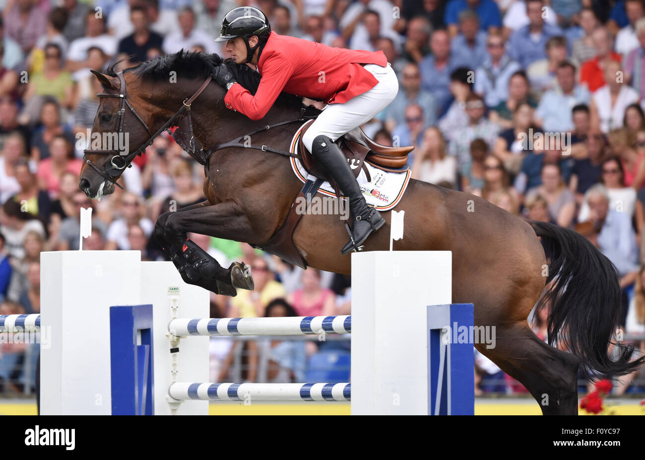 Aachen, Germany. 23rd Aug, 2015. Gregory Wathelet of Belgium jumps with ...