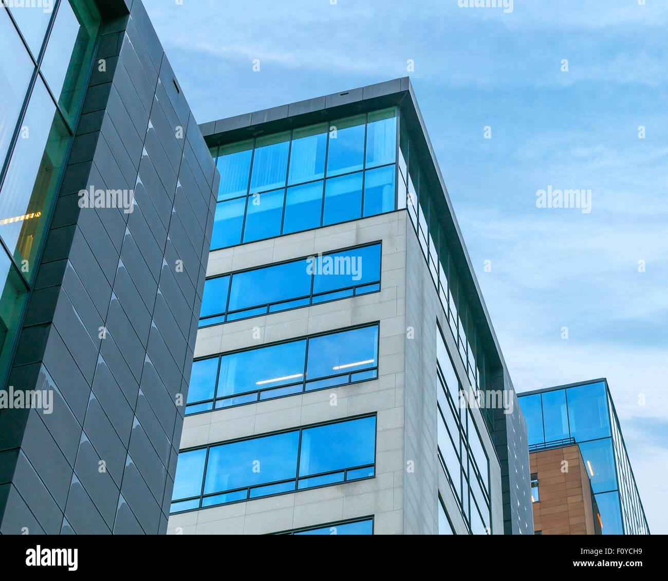 Modern contemporary buidlings. Perspective view from below with sky ...