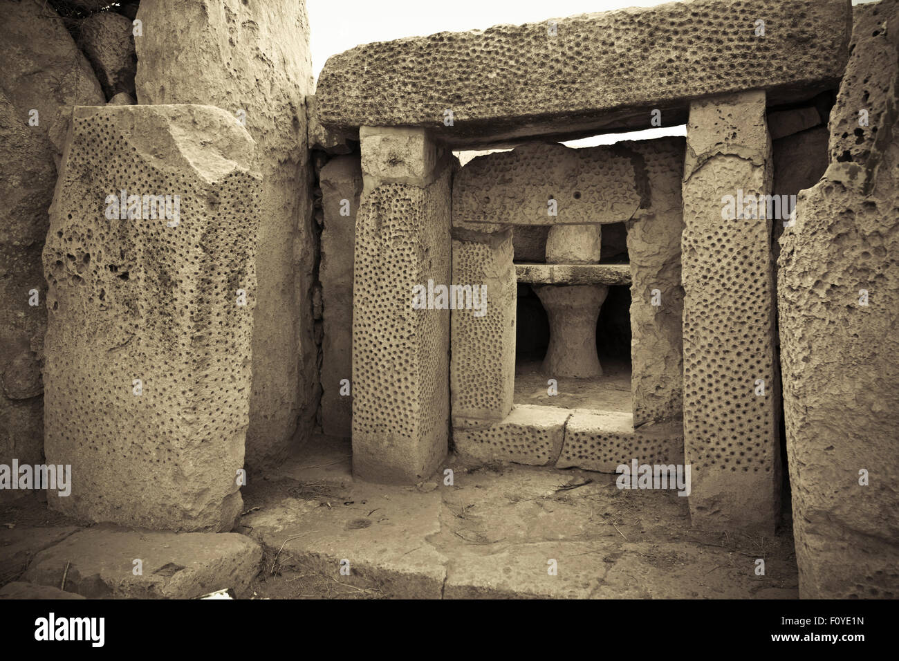 Stone entrance to chamber in neolithic Mnajdra Temple complex, Malta ...