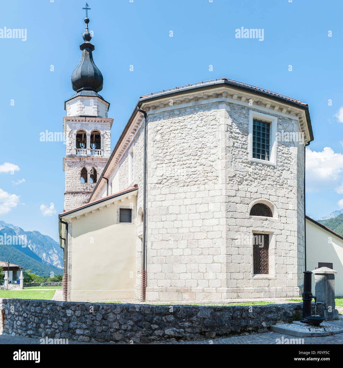 Outside the apse and bell tower of a church in the 17th century in ...