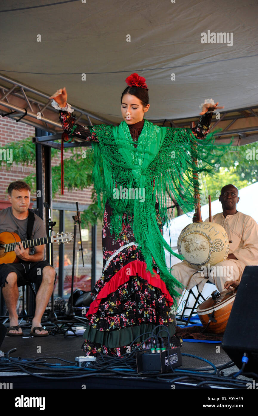 The Indian ensemble group, Surabhi. Flamenco dancer dancing with the ...