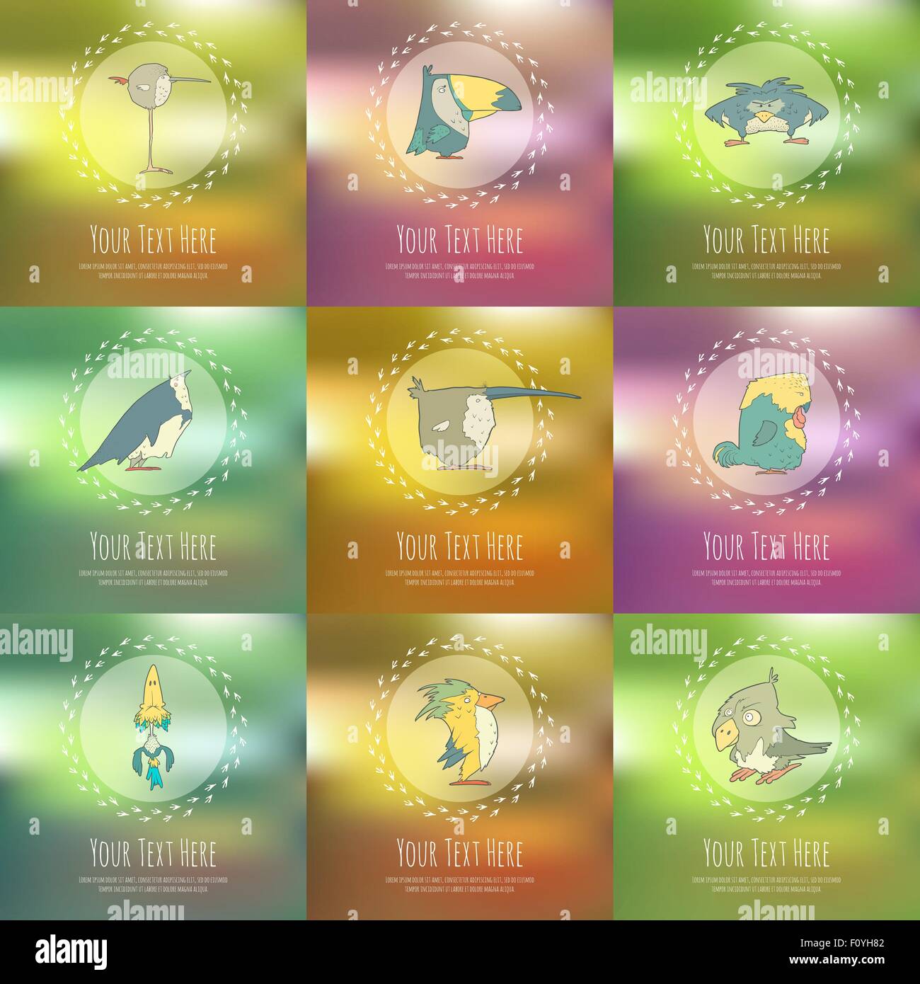 Set of hand drawn vector retro cartoon birds on blurred background ...