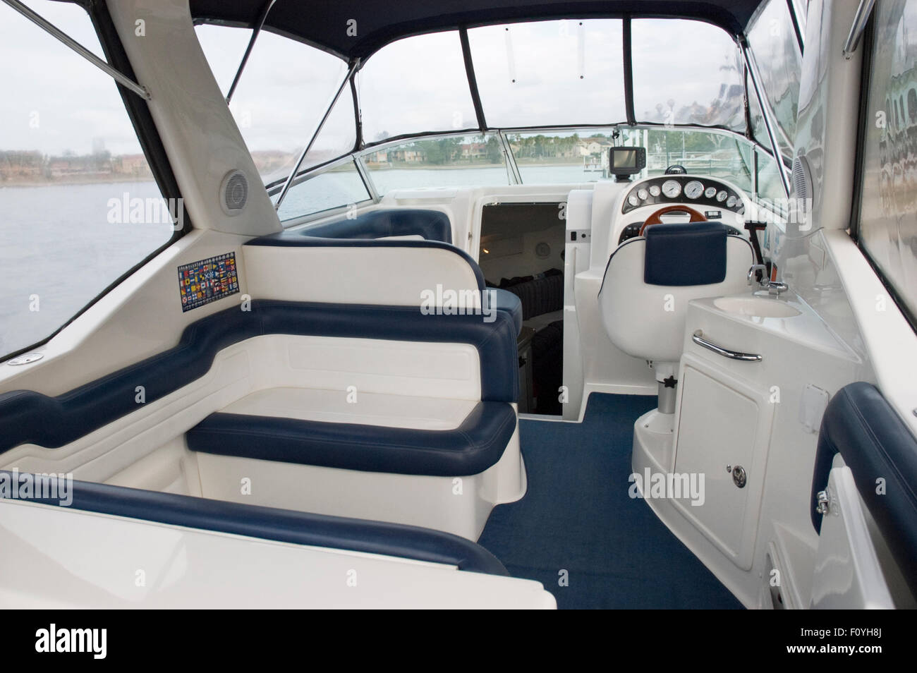 Image of the interior of a small transport motorboat Stock Photo - Alamy
