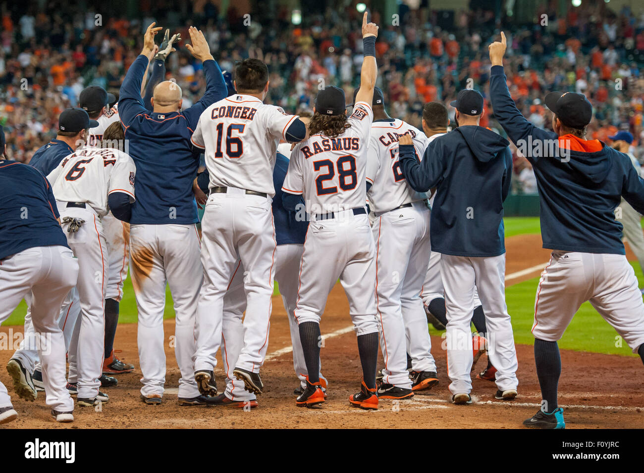 August 23, 2015: The Houston Astros celebrate a walk off home run by ...