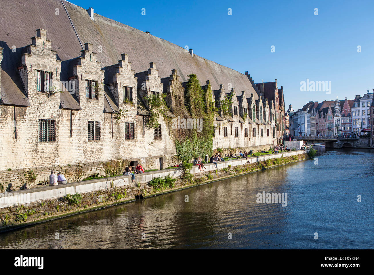 Along the Scheldt in the historic district of Ghent, Belgium Stock ...