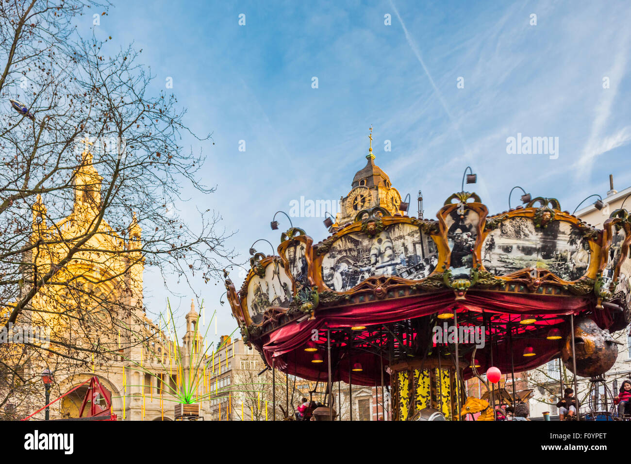 Carousel at Christmas market, Winter Wonderland, Brussels, Belgium ...