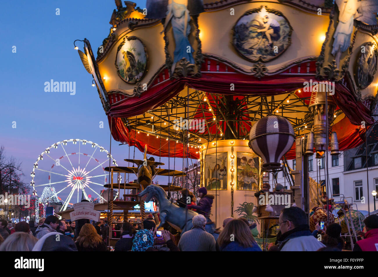 Carousel at Christmas market, Winter Wonderland, Brussels, Belgium ...