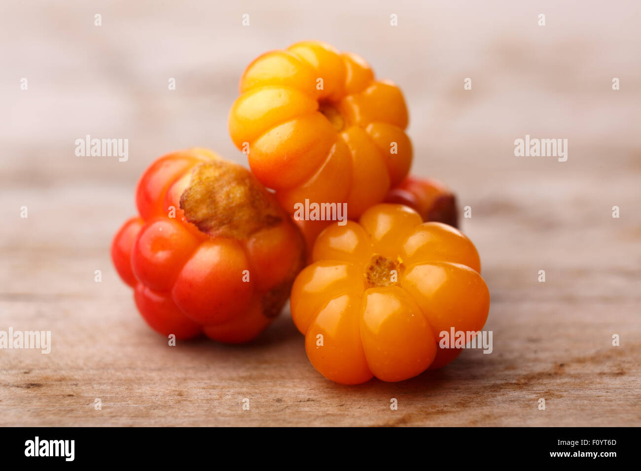 Cloudberries (moroshka) on a wooden table. Wild northern berry. Shallow ...