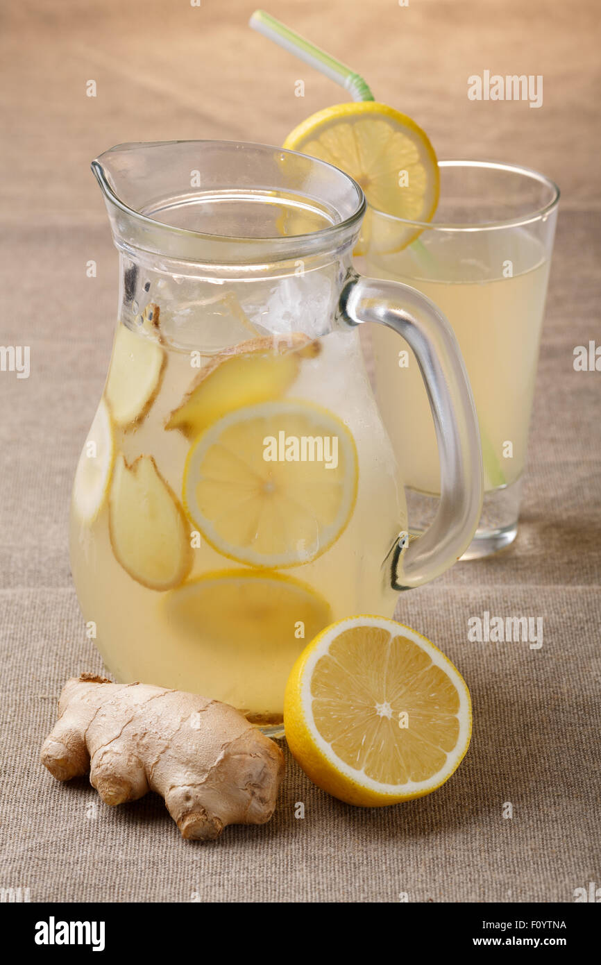 Jug of Shikanjvi homemade lemonade with lemon and ginger, spiced with ...