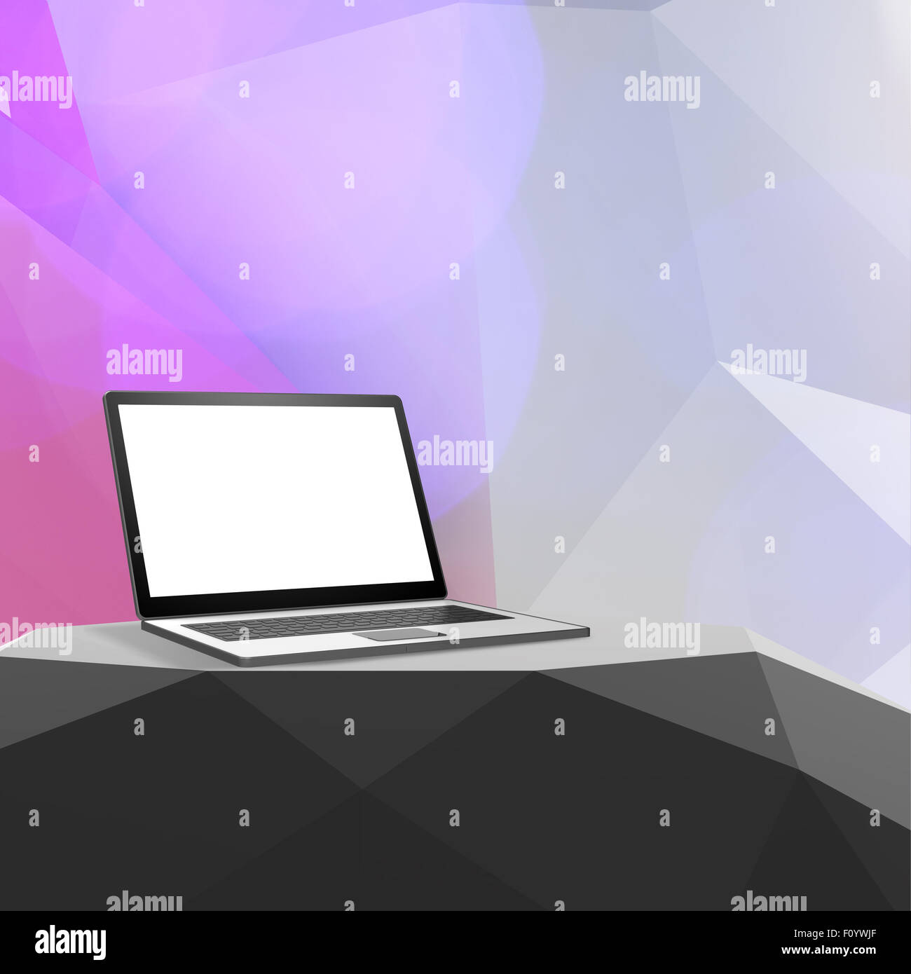 Laptop computer with blank screen on abstract molecules low poly ...