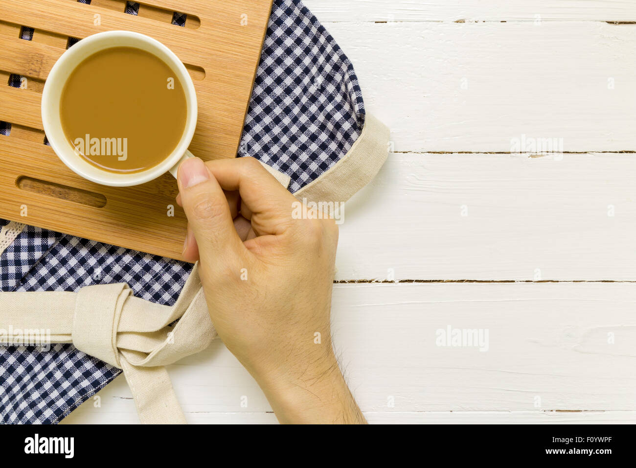 Relaxing break with coffee cup and white wooden background Stock Photo ...