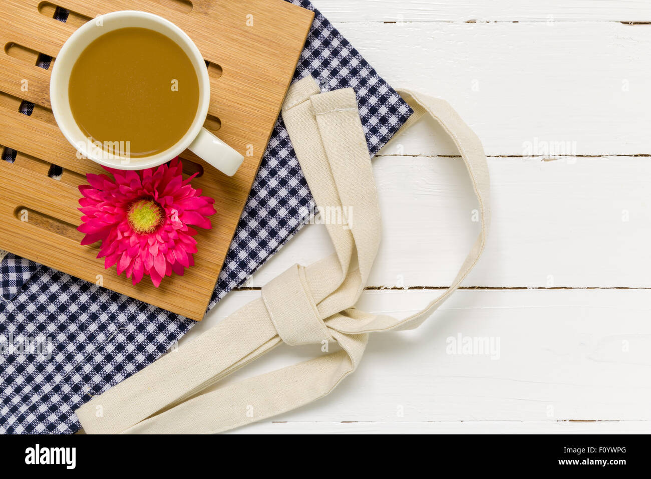 Relaxing break with coffee cup and white wooden background Stock Photo ...