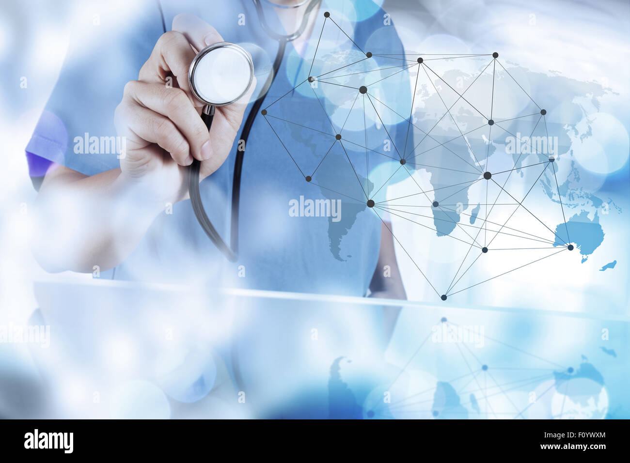 Medicine doctor hand working with modern computer interface as medical ...