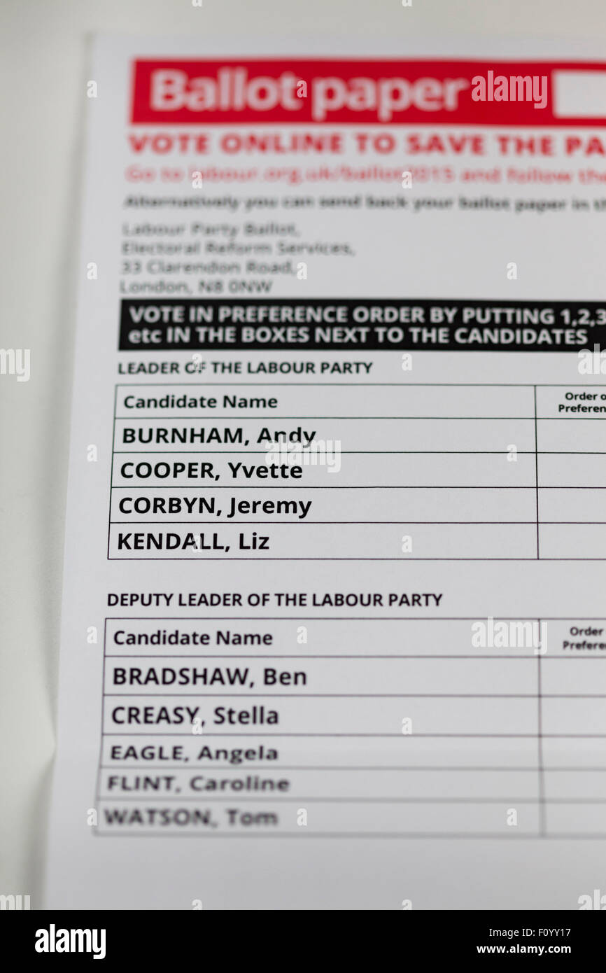 UK. 24th August, 2015. Labour Party Leadership voting form showing the ...