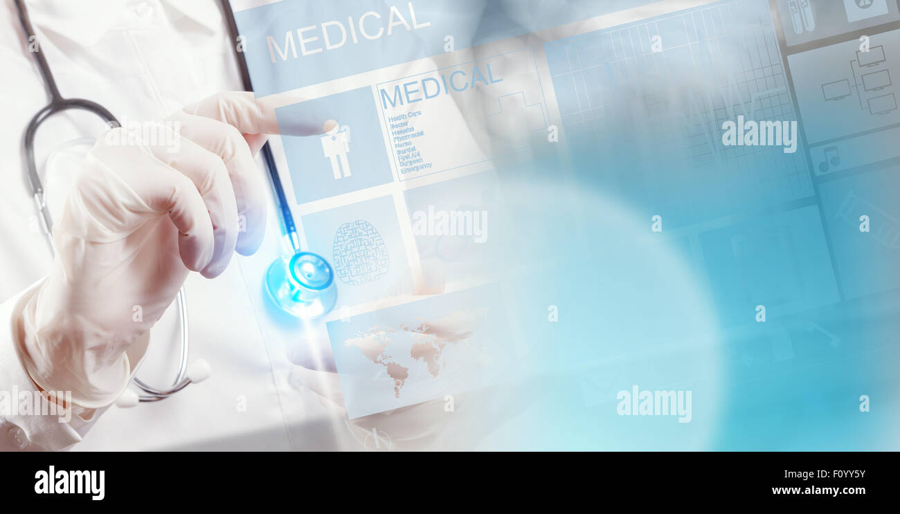 Medicine doctor hand working with modern computer interface as medical ...