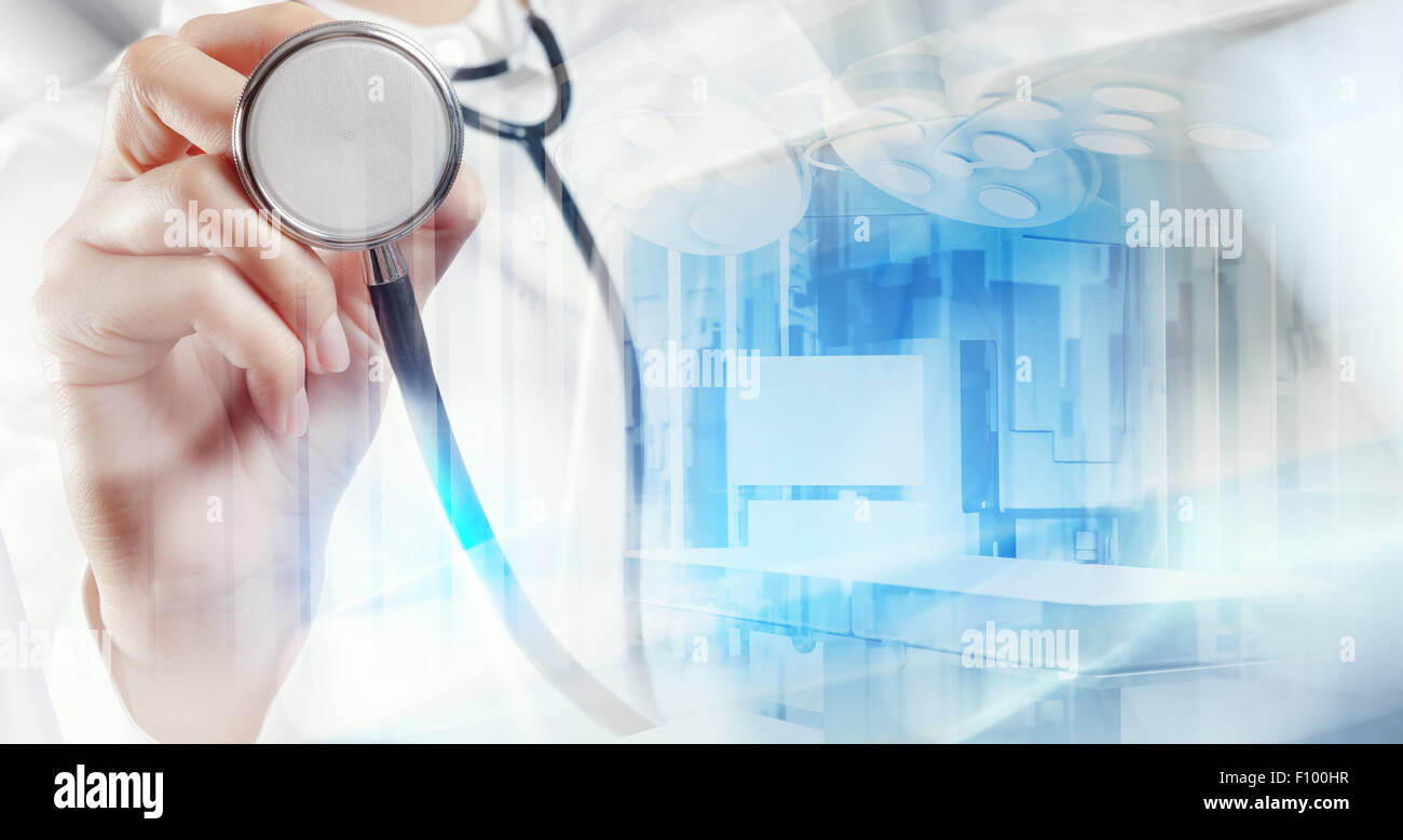 Medicine doctor hand working with modern computer interface as medical ...