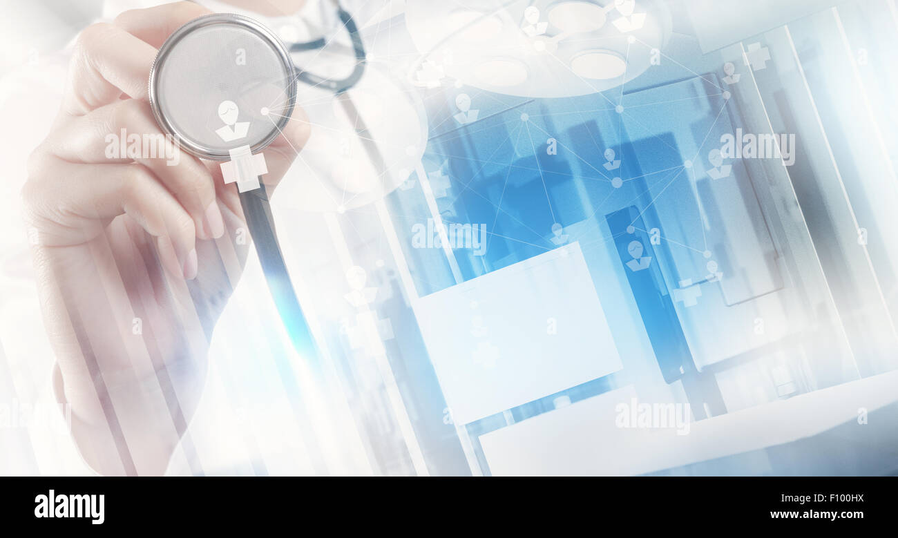 Medicine doctor hand working with modern computer interface as medical ...