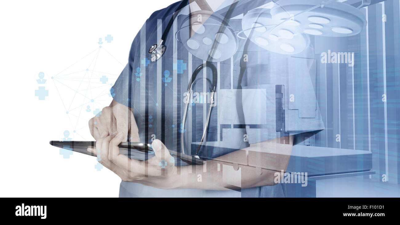 Medicine doctor hand working with modern computer interface as medical ...