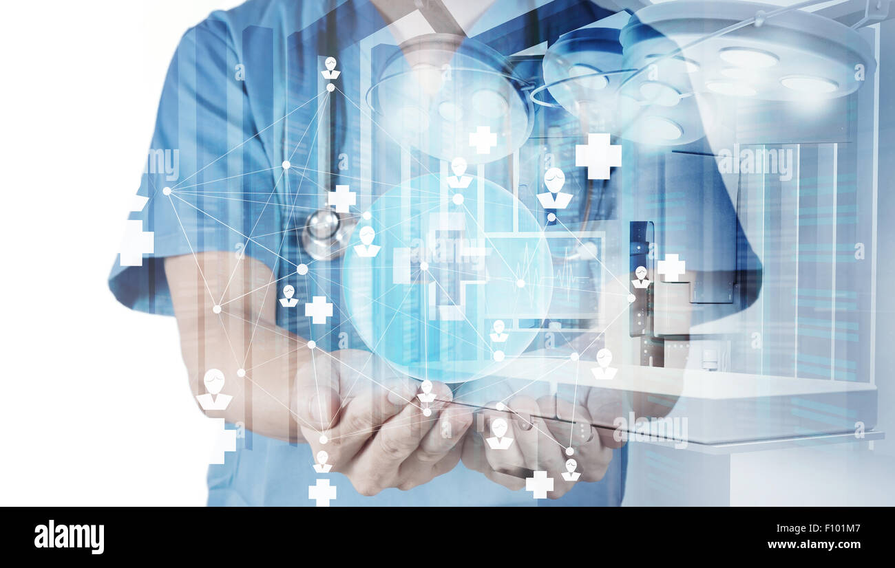 Medicine doctor hand working with modern computer interface as medical ...