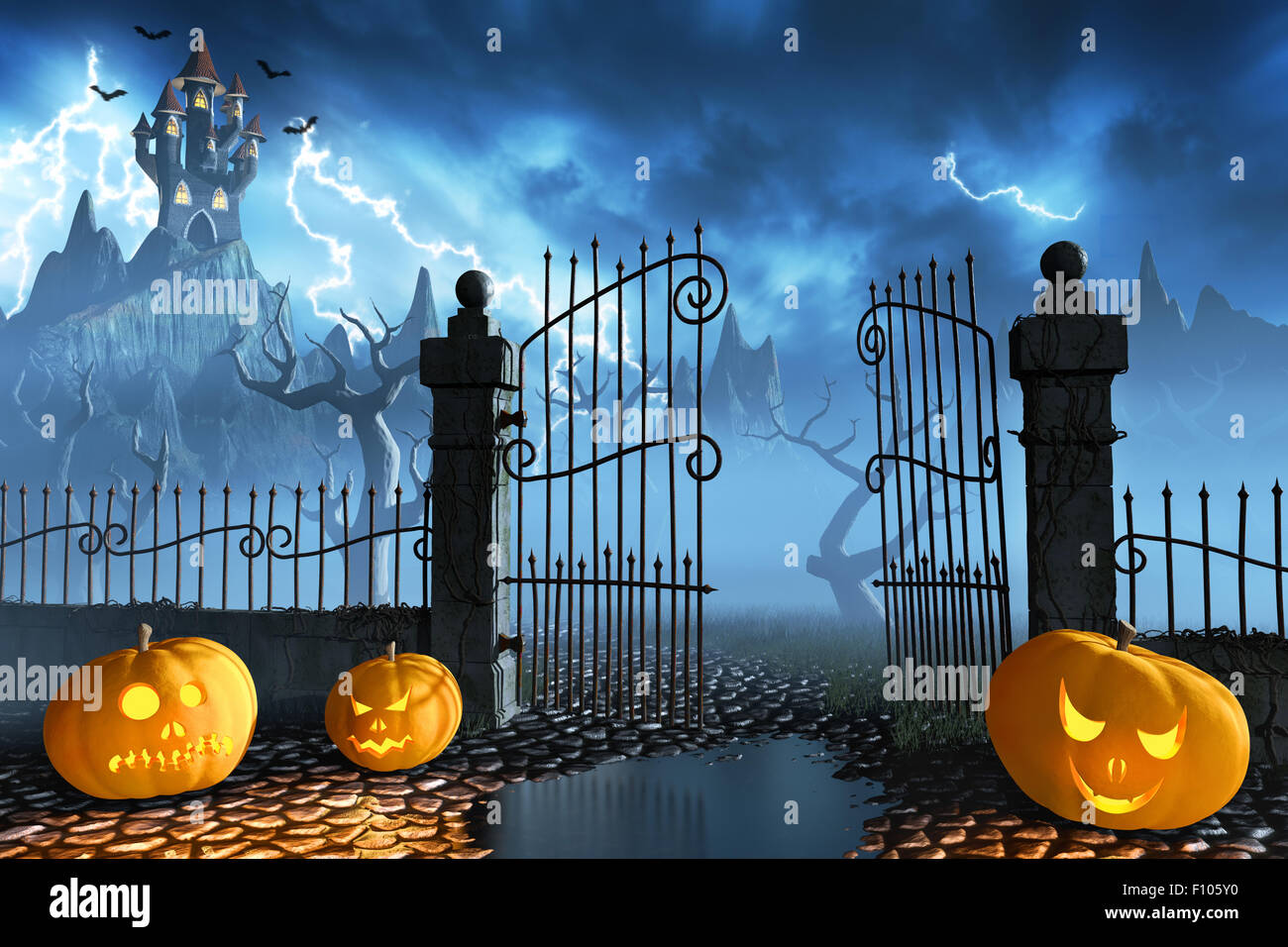 Jack O'Lanterns guarding an open gate leading to a spooky castle high ...
