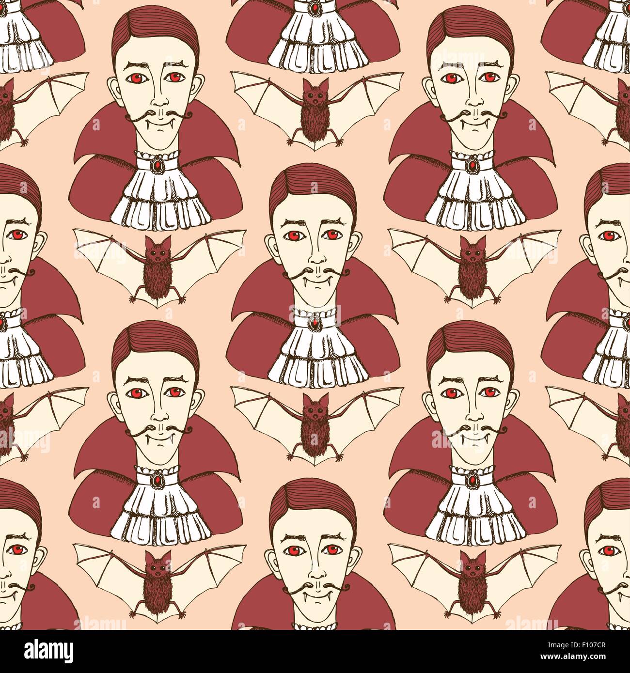 Sketch vampire and bat in vintage style, vector seamless pattern Stock ...