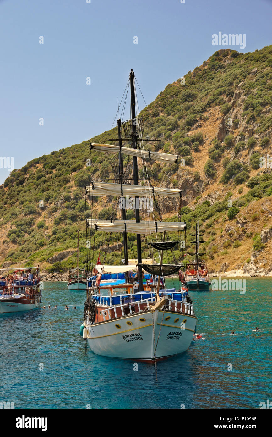 Gulet tourist cruise boat at anchor near Bodrum in Turkey Stock Photo ...