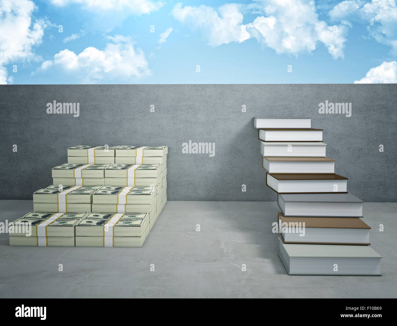 3d image of money stair and book Stock Photo - Alamy