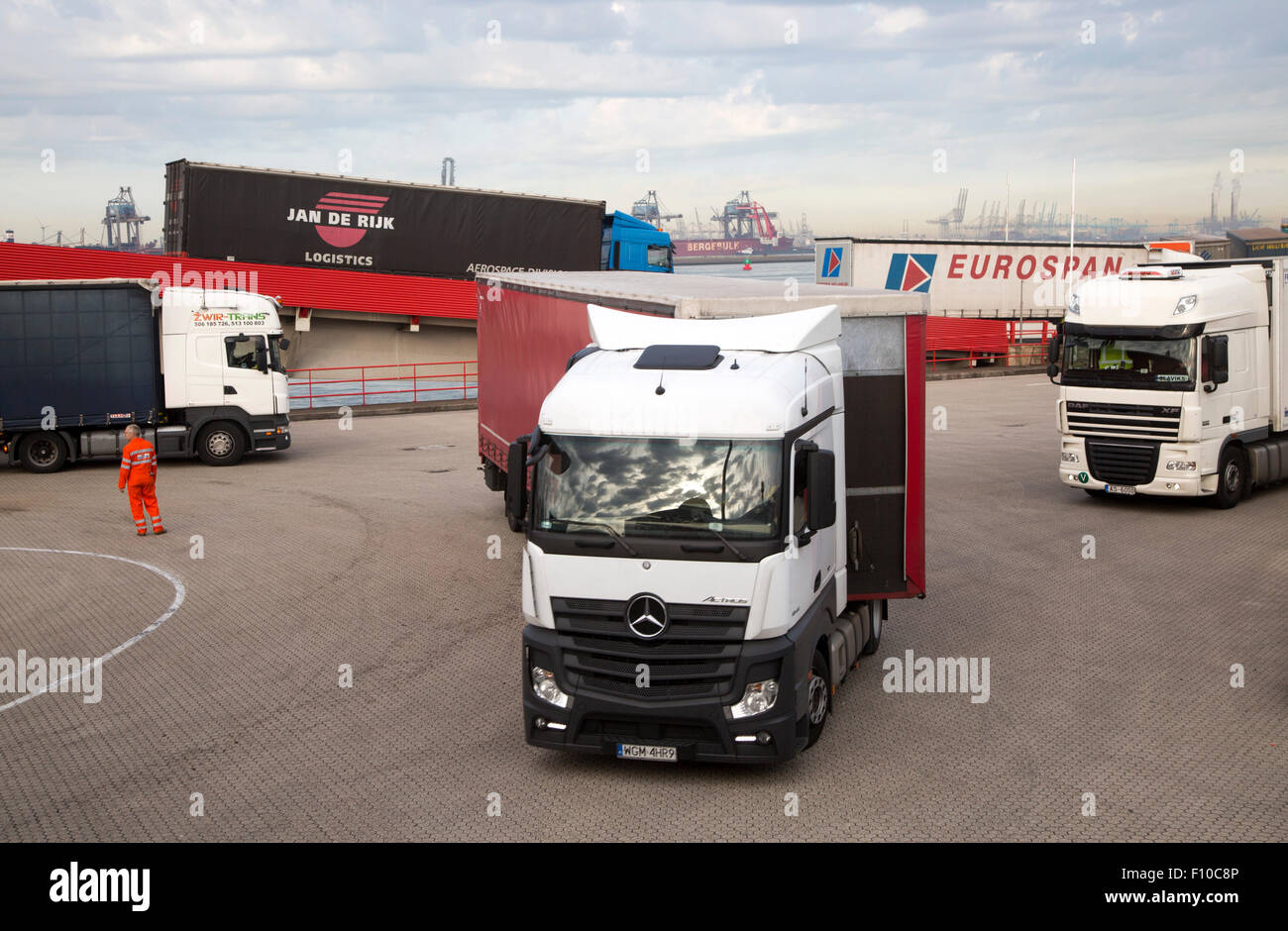 Heavy goods freight vehicles disembarkation from Stena Lines ferry ...